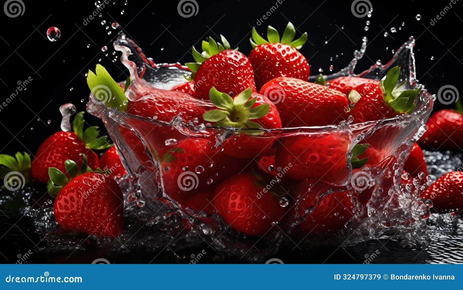 Strawberries with Splashes and Water Drops on Dark Background Stock ...