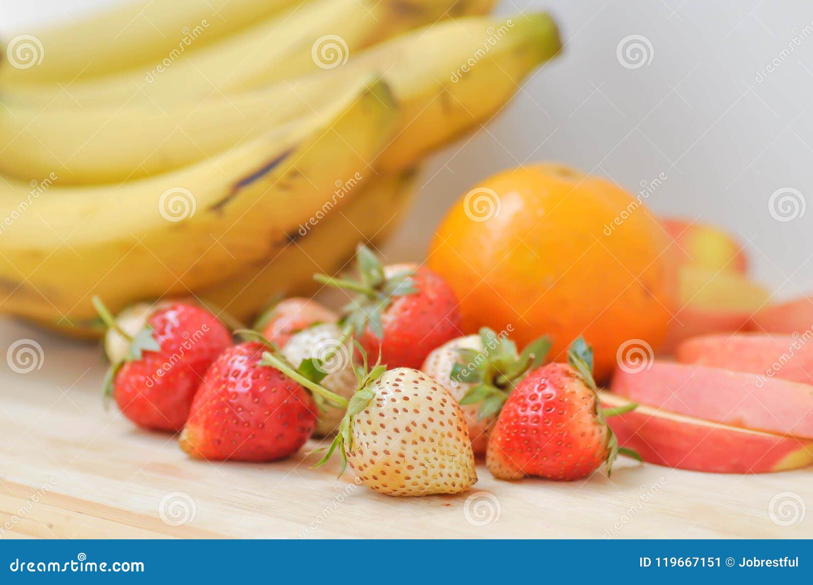 Strawberry ,apple, Orange and Banana Stock Image - Image of wooden ...