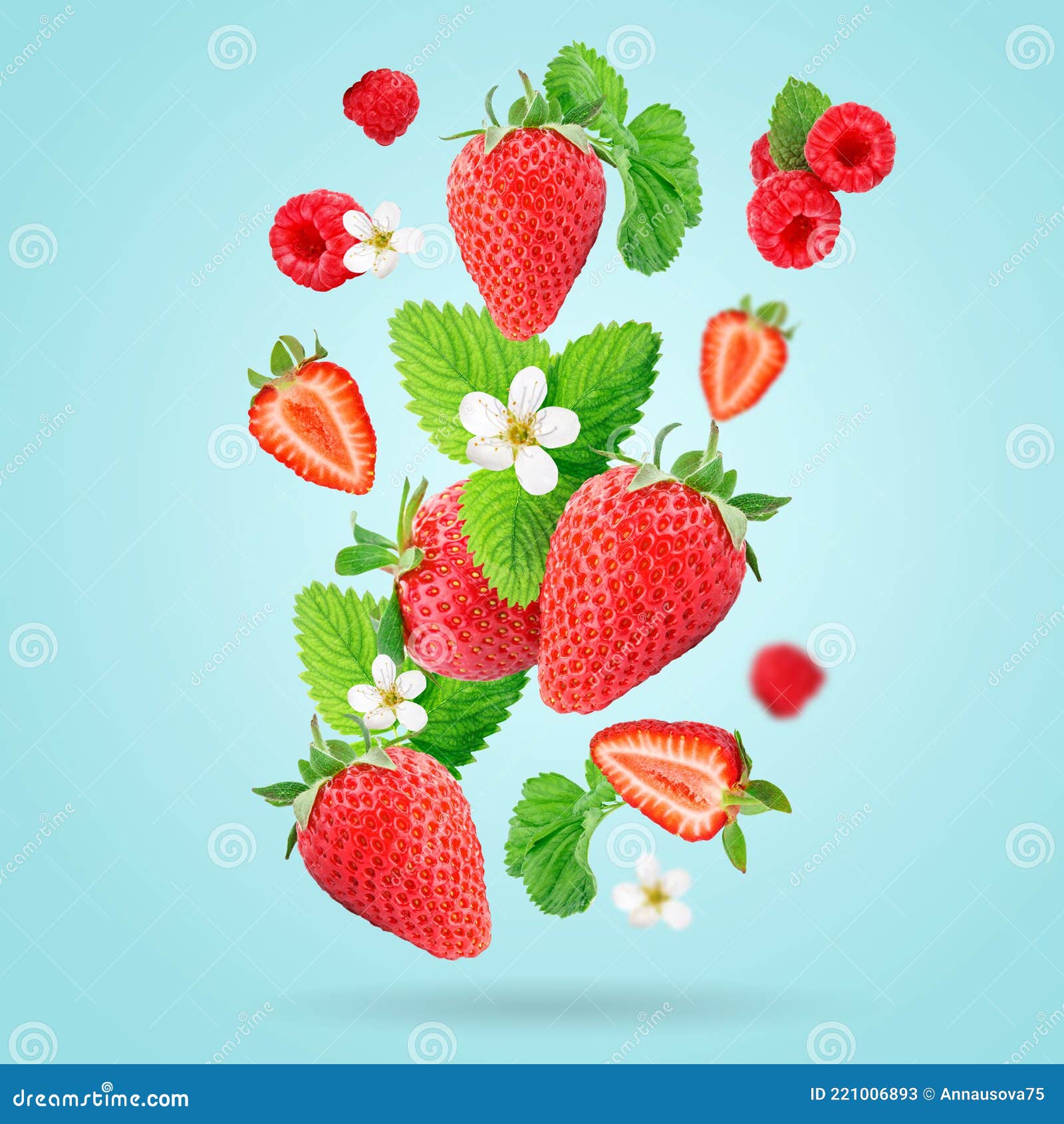 Strawberry Berries Levitating On A Blue Background. Strawberry ...