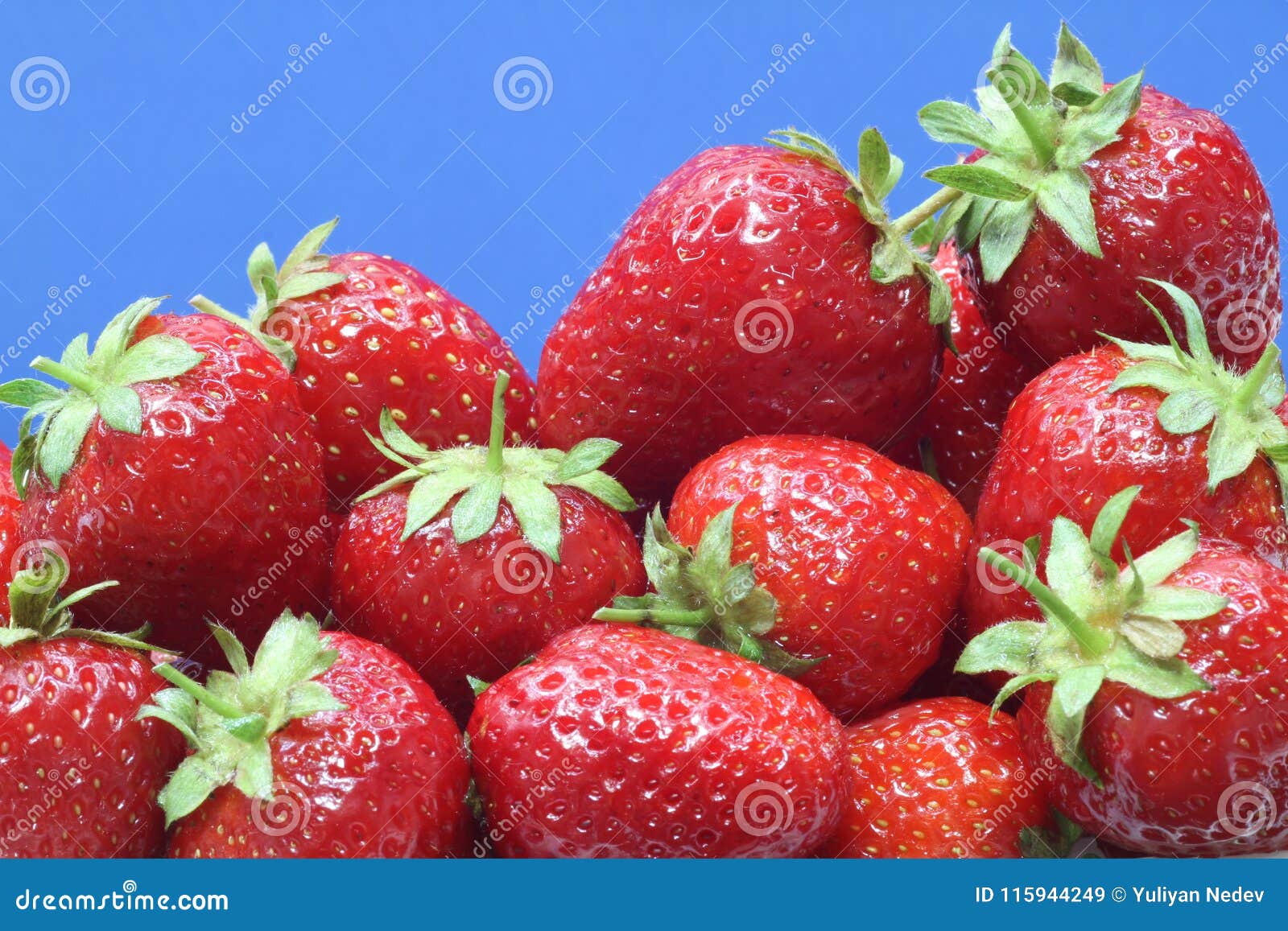 Strawberry on Blue Background Stock Image - Image of delicious, green ...