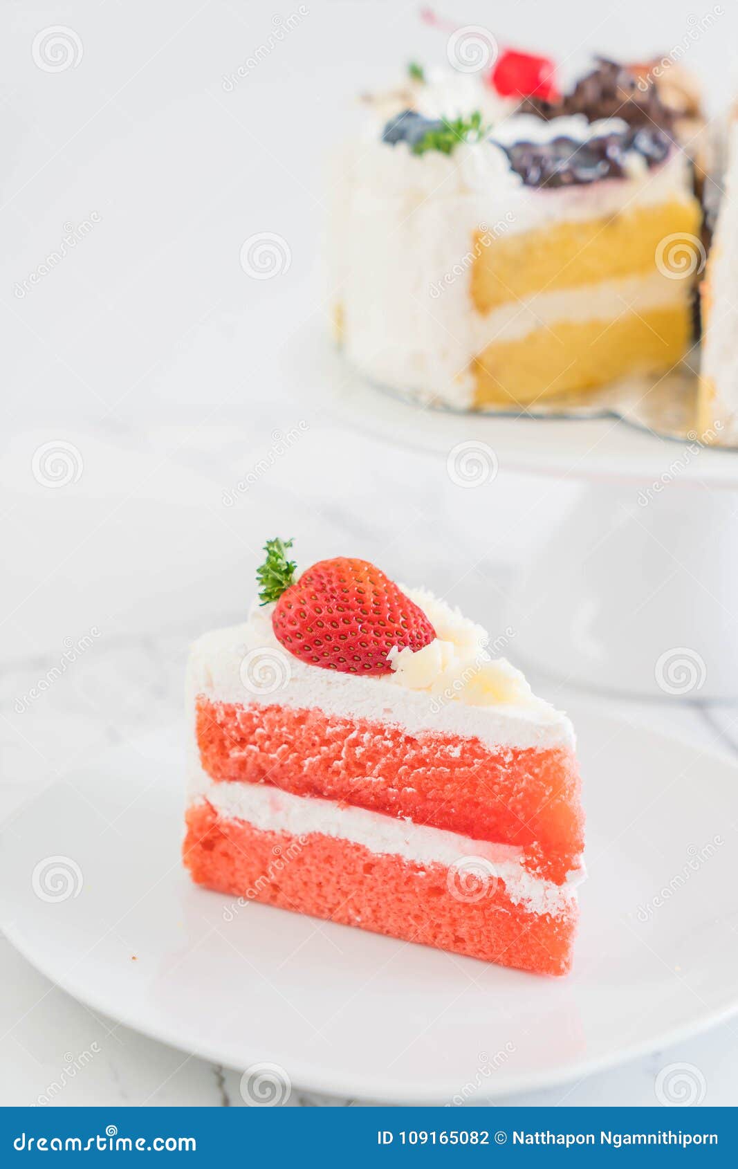 Strawberry cake on plate stock photo. Image of sweet - 109165082