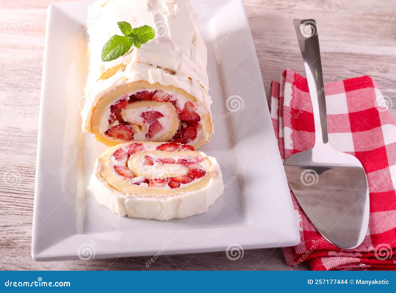 Strawberry and Cream Roll Cake, Sliced Stock Photo - Image of treat ...