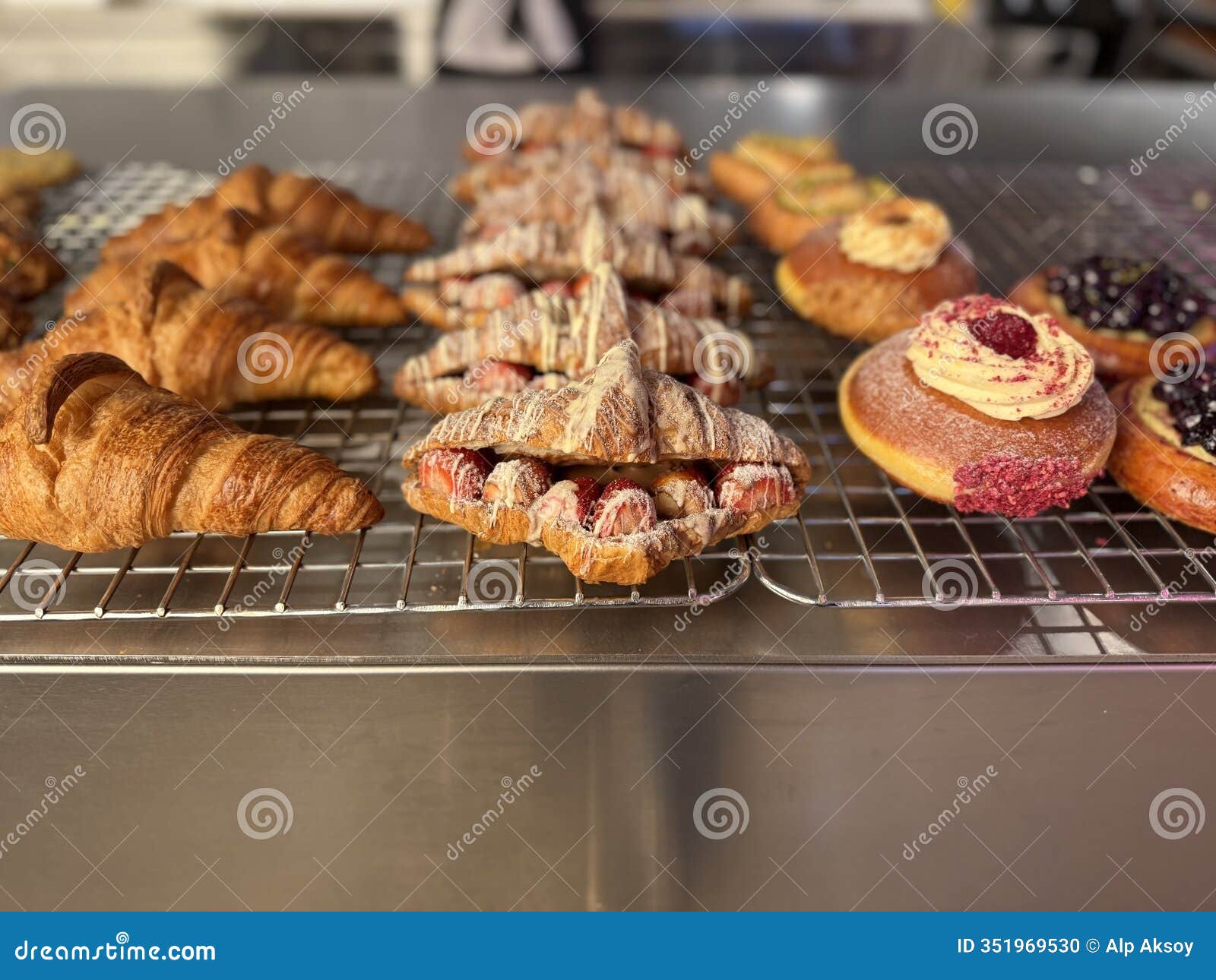 Strawberry Croissant Varieties on Wire Rack at Bakery Kitchen Stock ...