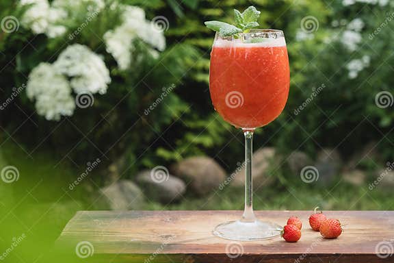 Strawberry Daiquiri Glass Of Summer Strawberry Cocktail Outdoors Stock