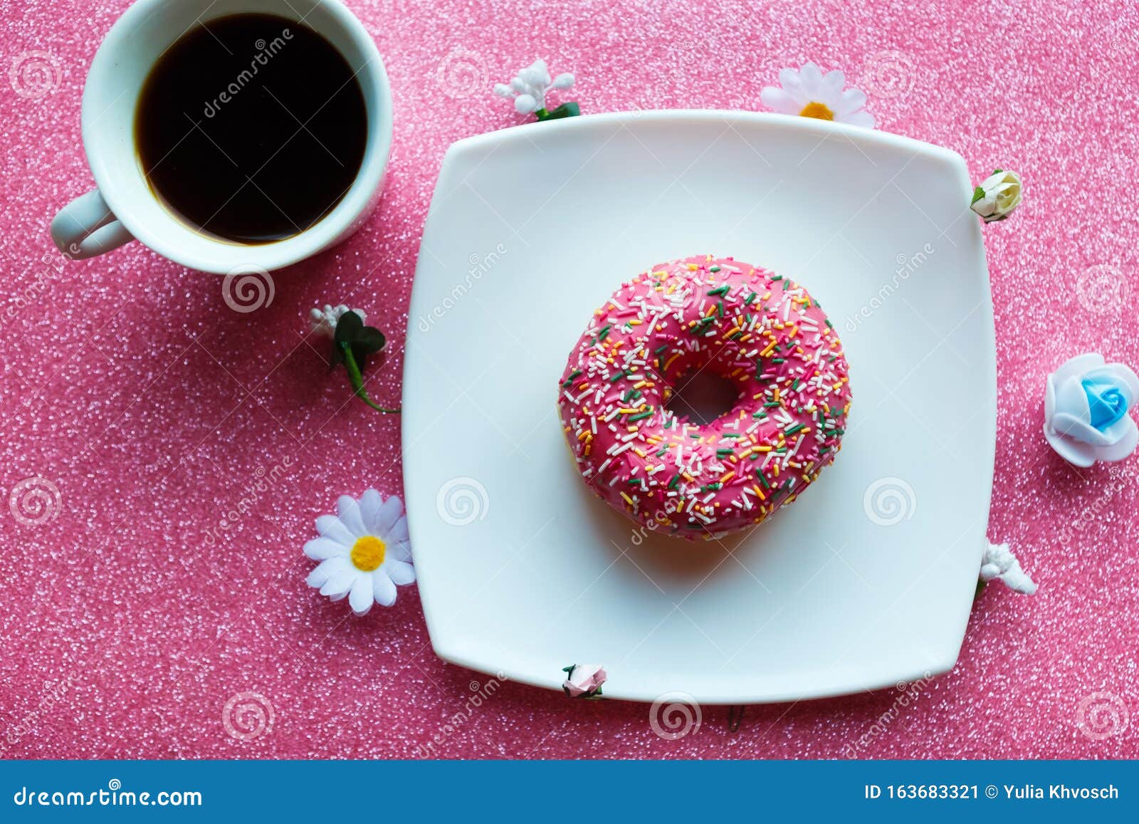 Strawberry Donut and Coffee Cup on the Table Stock Image - Image of ...