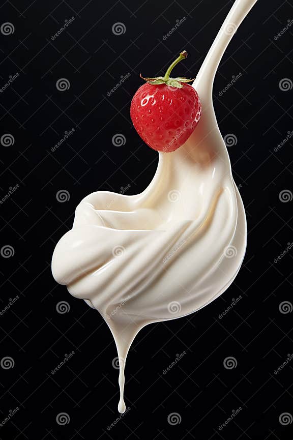 A Strawberry Falling into a Bowl of Cream. Digital Image. Stock Image ...
