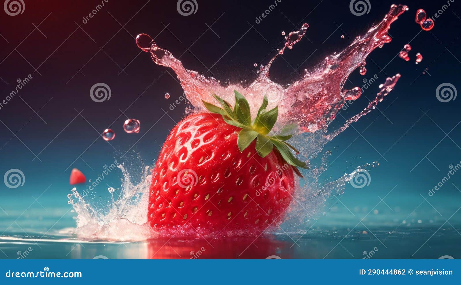 Strawberry Falling into Water with Splash and Drops on Blue Background ...