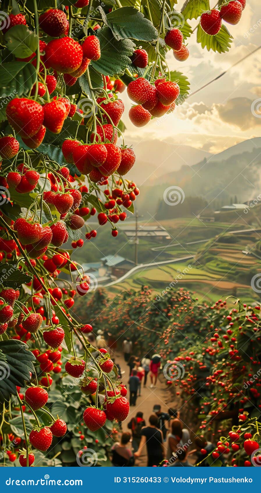 A Strawberry Field with People Walking through it Stock Image - Image ...