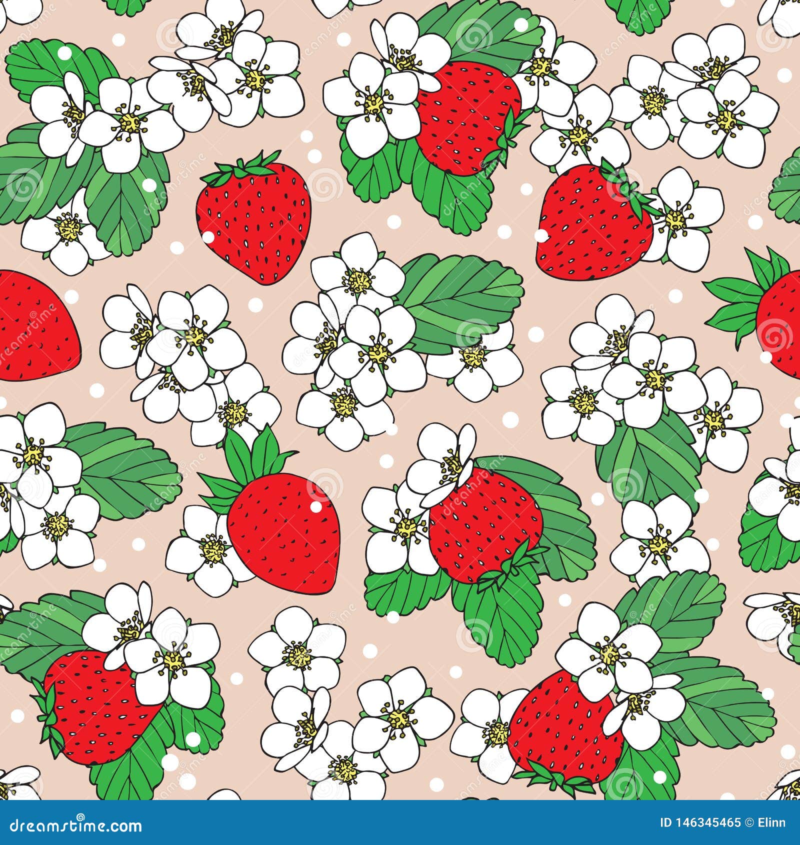 Strawberry Flowers and Leaves Seamless Pattern Design Stock Vector ...