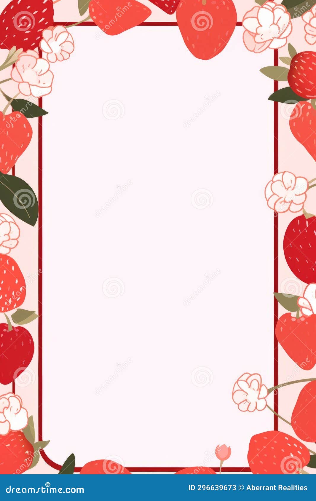 Strawberry Frame with Flowers and Leaves on a Pink Background Stock ...