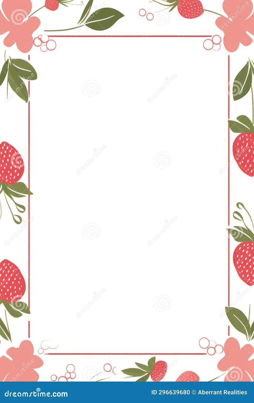 Strawberry Frame with Leaves and Flowers on a White Background Stock ...