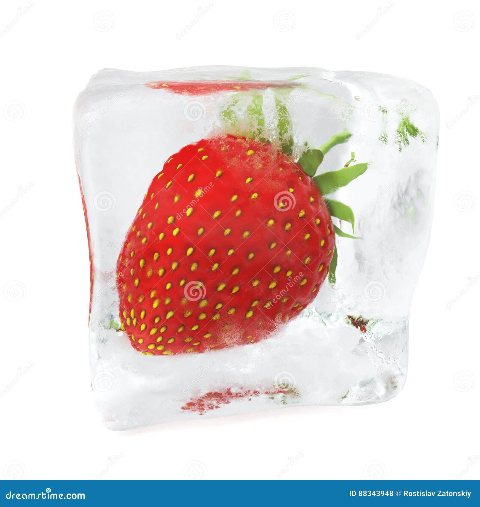 Strawberry In Ice Cube Isolated On White With Depth Of Field Effects ...