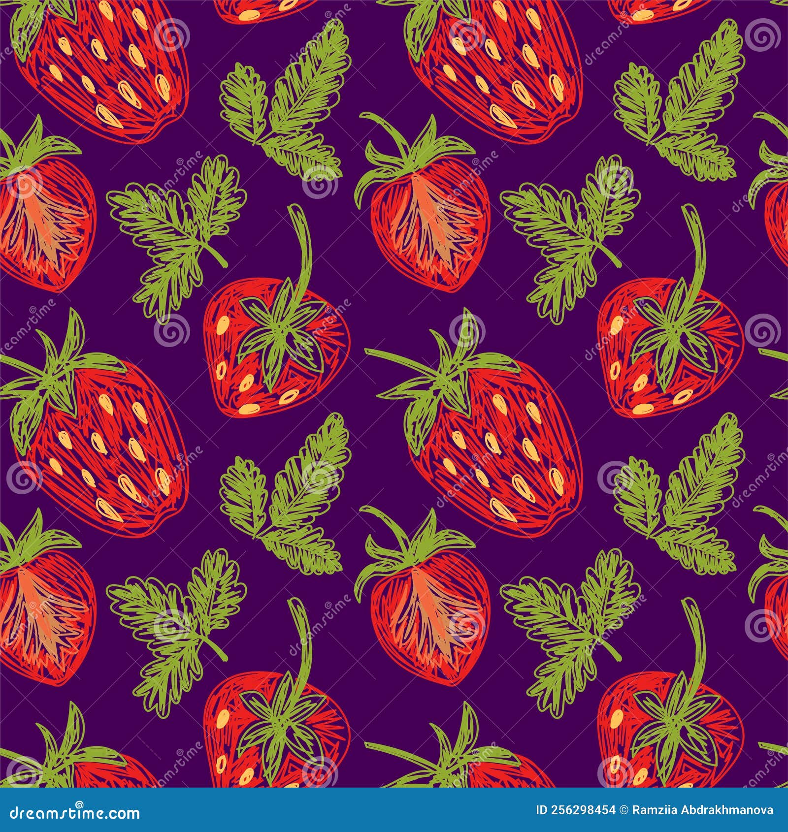 Strawberry Fruit Sketch Seamless Pattern. Color Vector Illustration ...