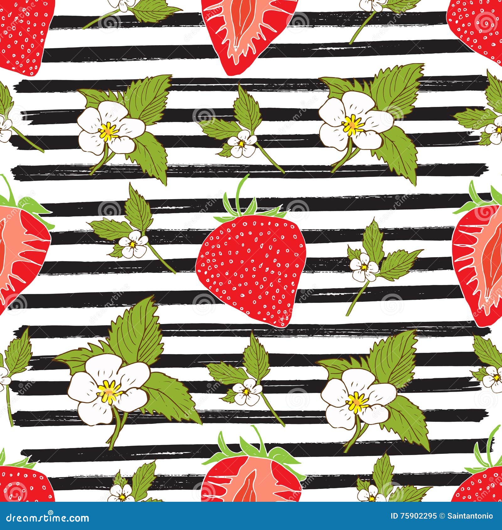 Strawberry Hand Drawn Sketch Striped Seamless Pattern. Vector ...