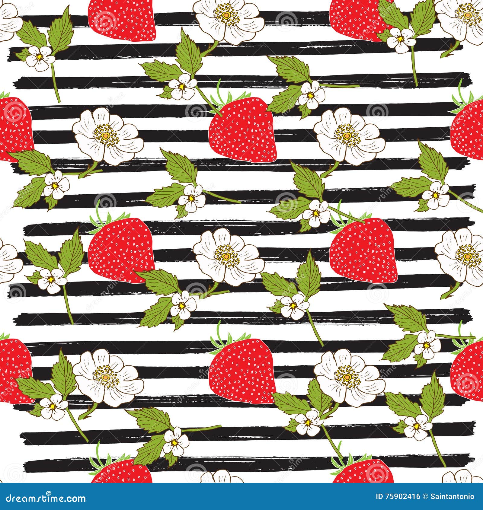 Strawberry Hand Drawn Sketch Striped Seamless Pattern. Vector ...