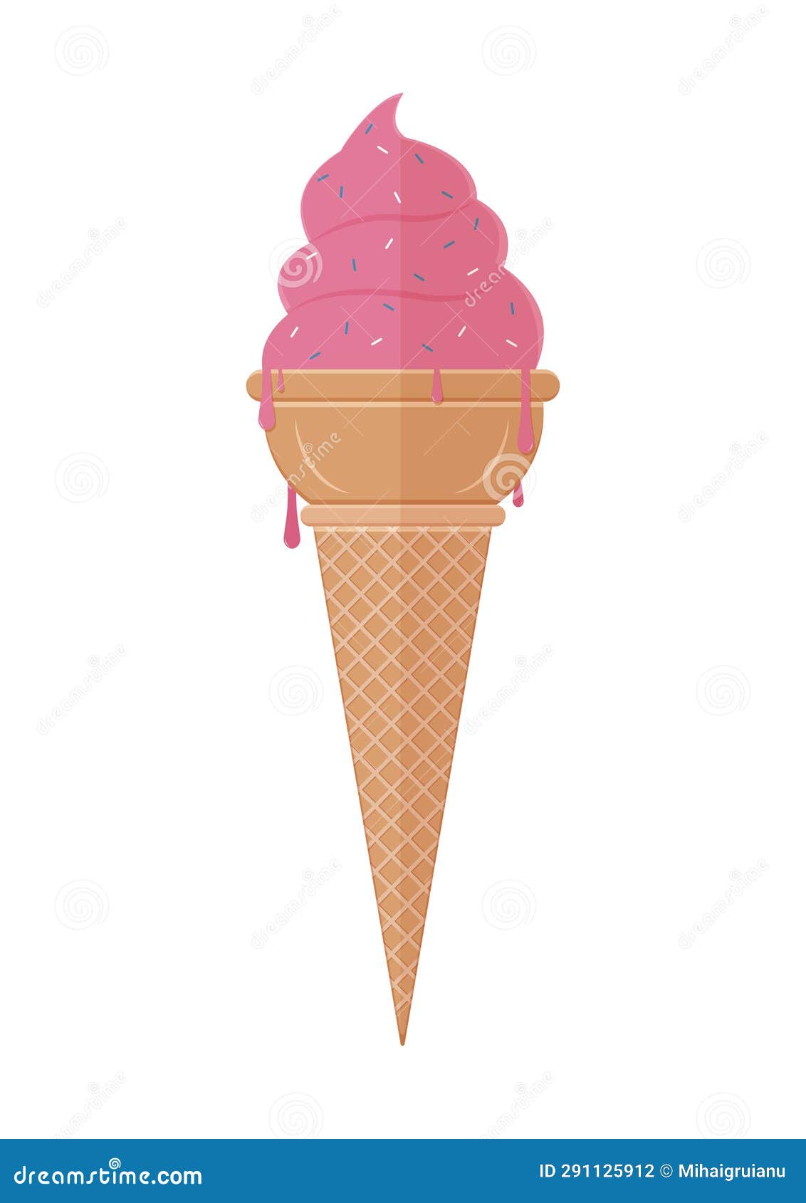 Strawberry Ice Cream Cone In Flat Style Vector Tasty Pink Ice Cream