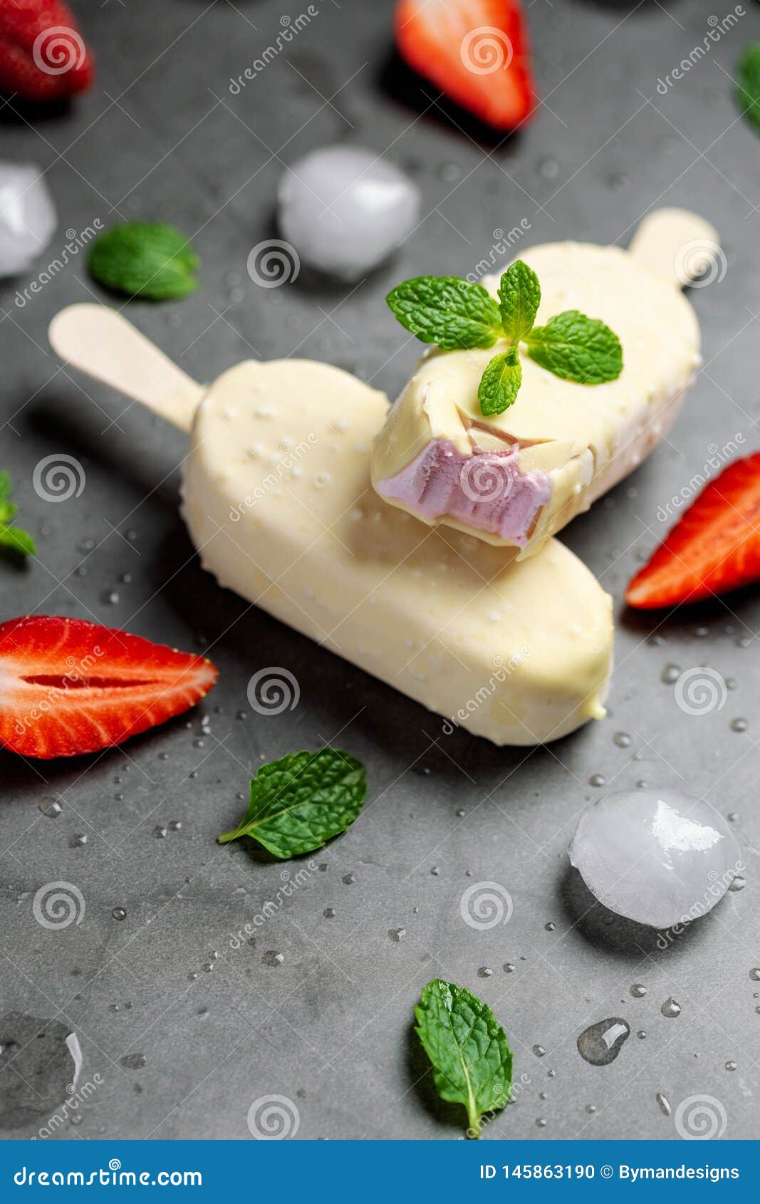 Strawberry Ice Cream Stick Covered with White Chocolate Stock Photo ...