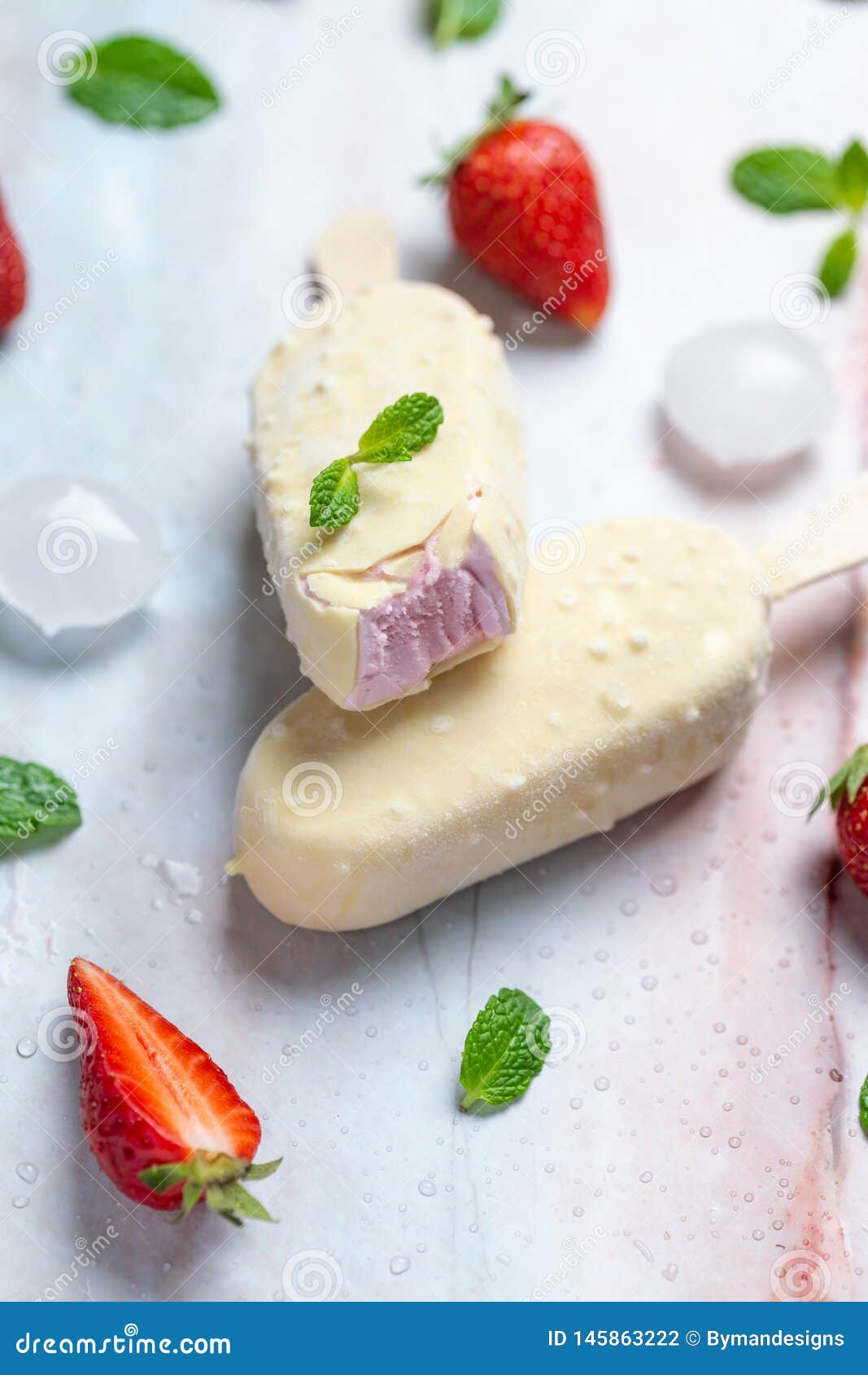 Strawberry Ice Cream on Stick Covered with White Chocolate Stock Photo ...