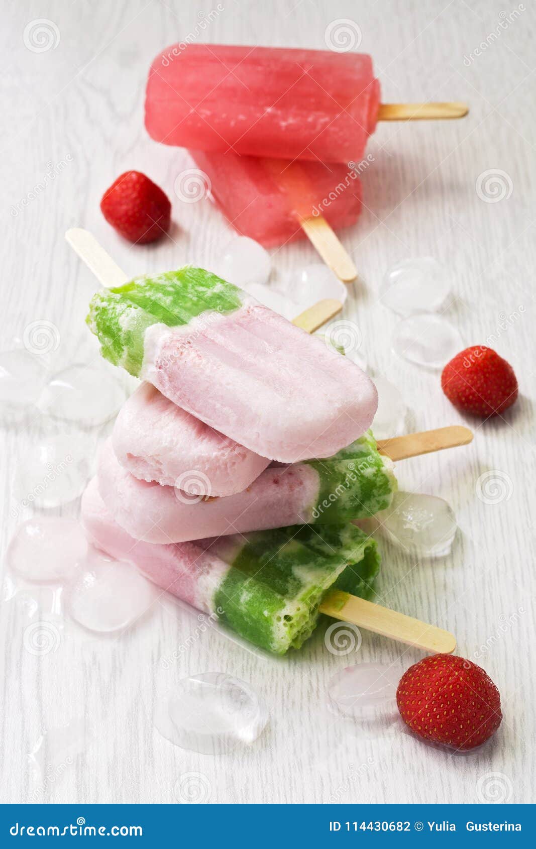 Strawberry Ice Cream on a Stick. a Stack of Ice Cream is Pinkish Green ...