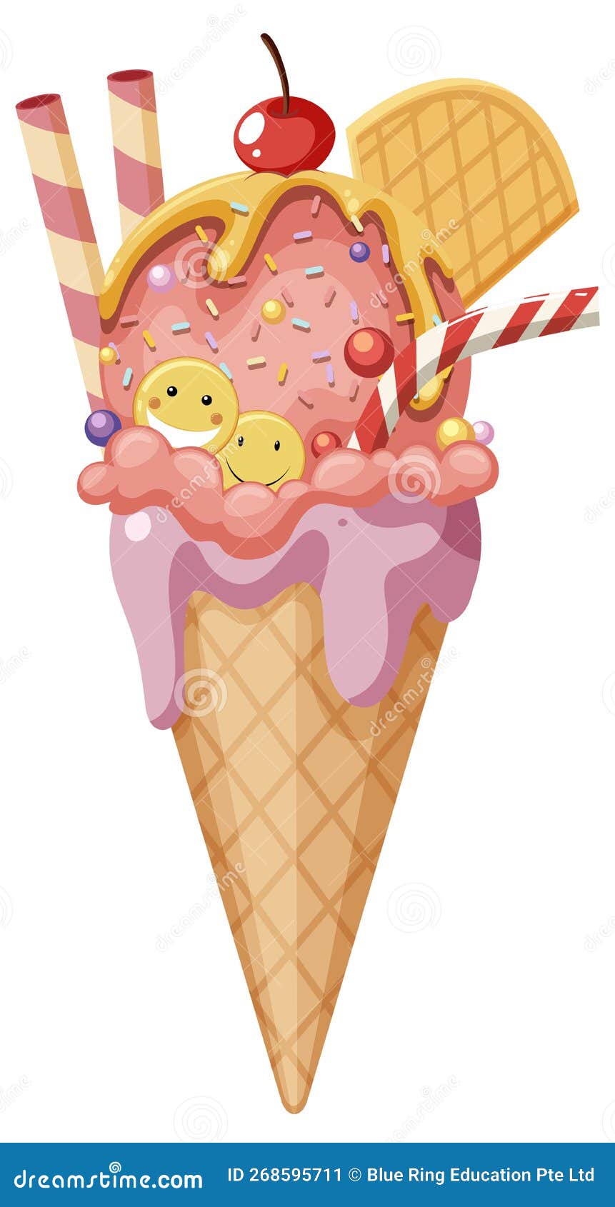 Strawberry Ice Cream Wafer Cone With Toppings Stock Vector