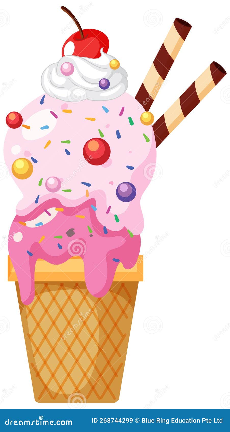 Strawberry Ice Cream Wafer Cone With Toppings Stock Vector
