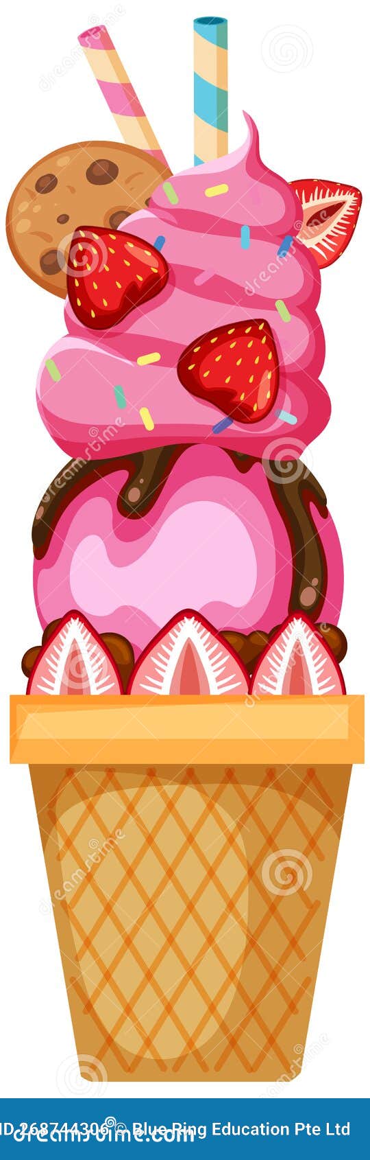 Strawberry Ice Cream Wafer Cone With Toppings Vector Illustration