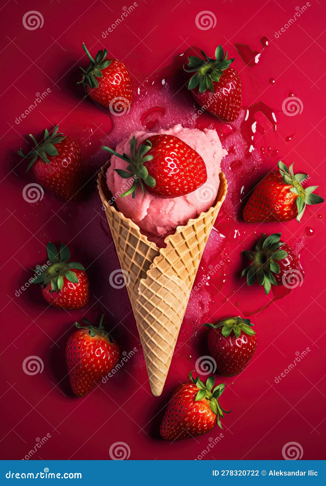 Strawberry Ice Cream in Waffle Comb with Fresh Strawberries. Generative ...