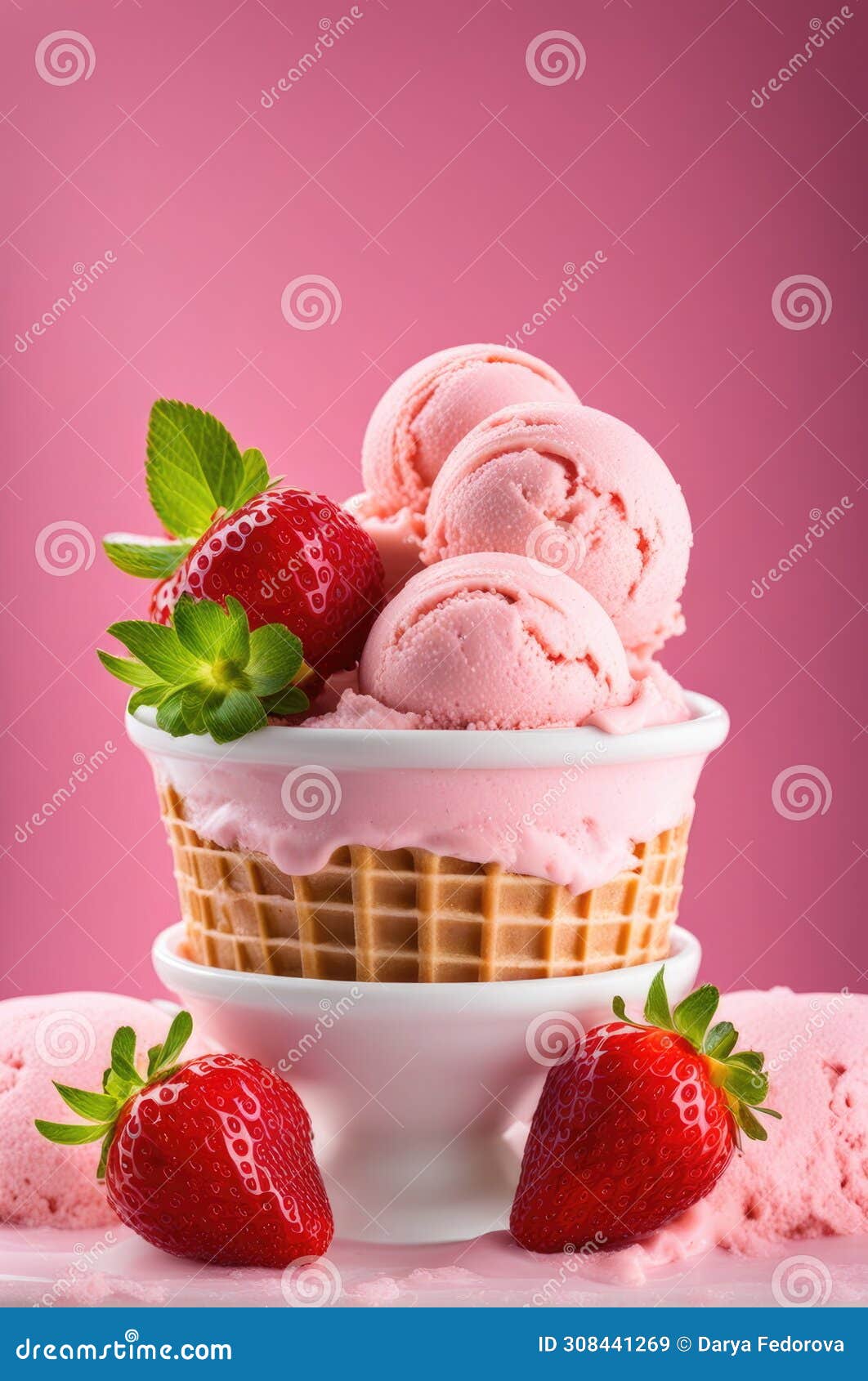 Strawberry Ice Cream In Waffle Cup Topped With Fresh Berries Stock