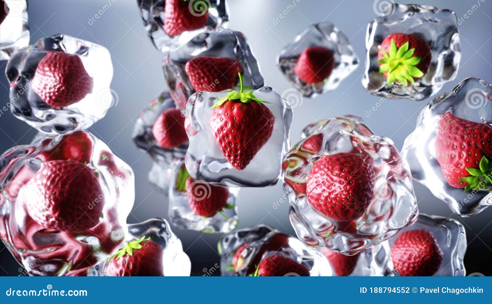 Strawberry in Ice Cubes. Food and Broadcast Concept. Realistic Ice ...