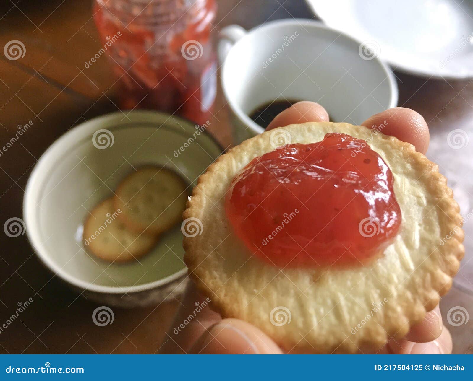 Strawberry jam on crackers stock image. Image of breakfast - 217504125
