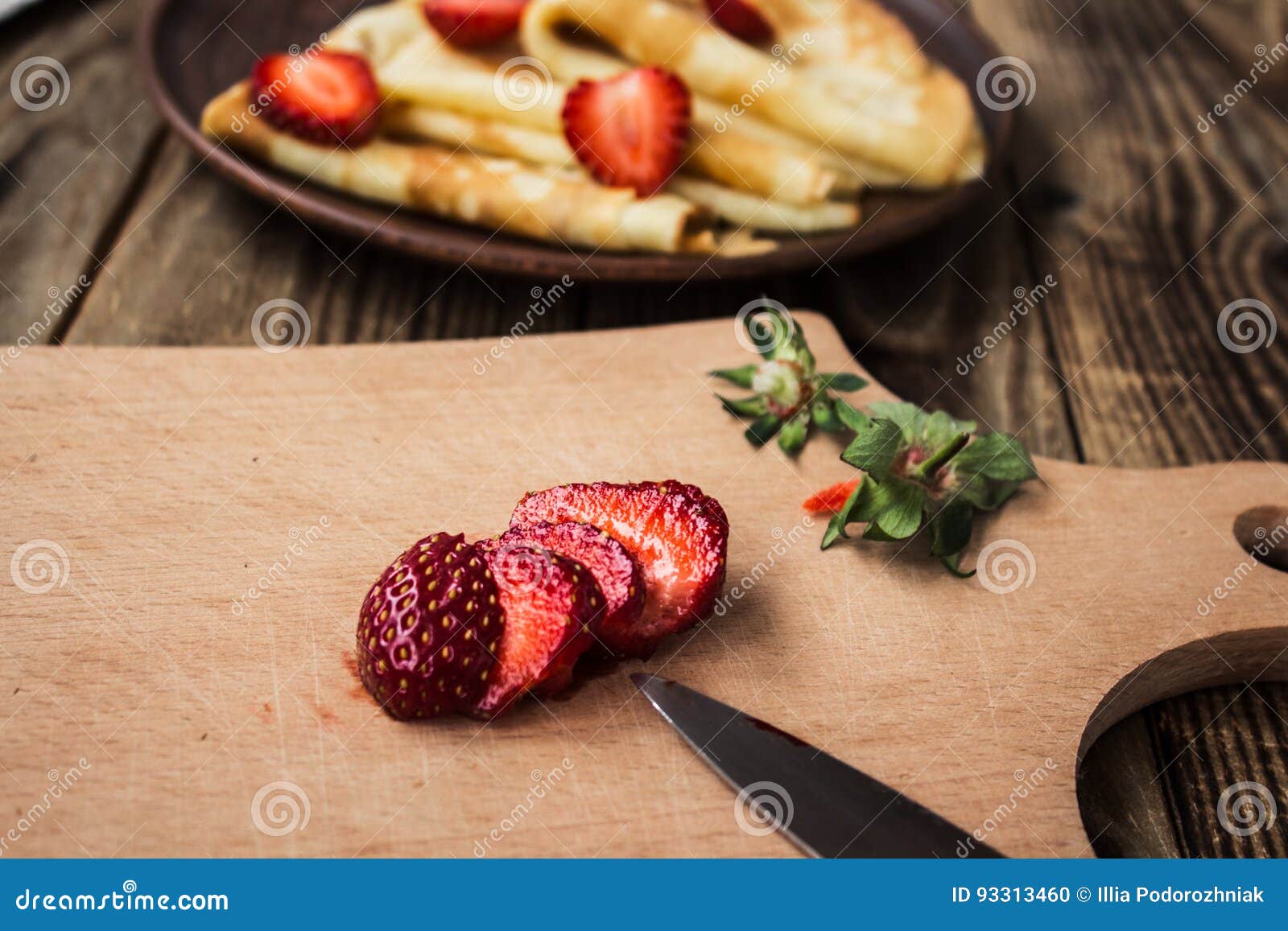 Strawberry and Knife with Crepes on Background Stock Photo - Image of ...