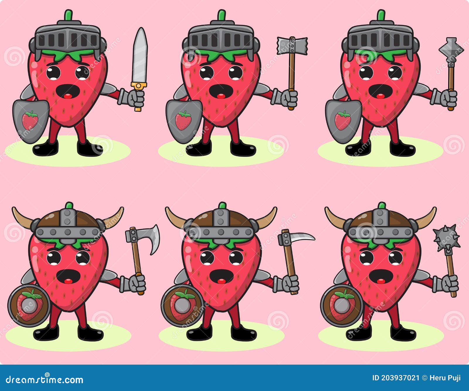 Cartoon Character of Cute Strawberry Knight with Shield Hand Up. Stock ...