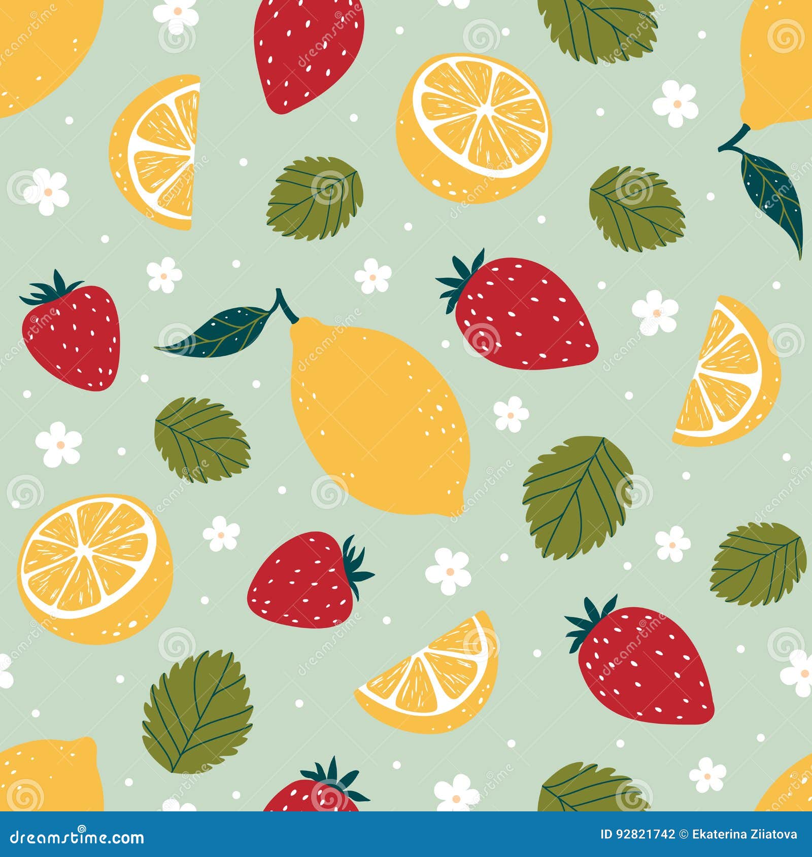 Strawberry and Lemon Bright Seamless Pattern on Green Background ...