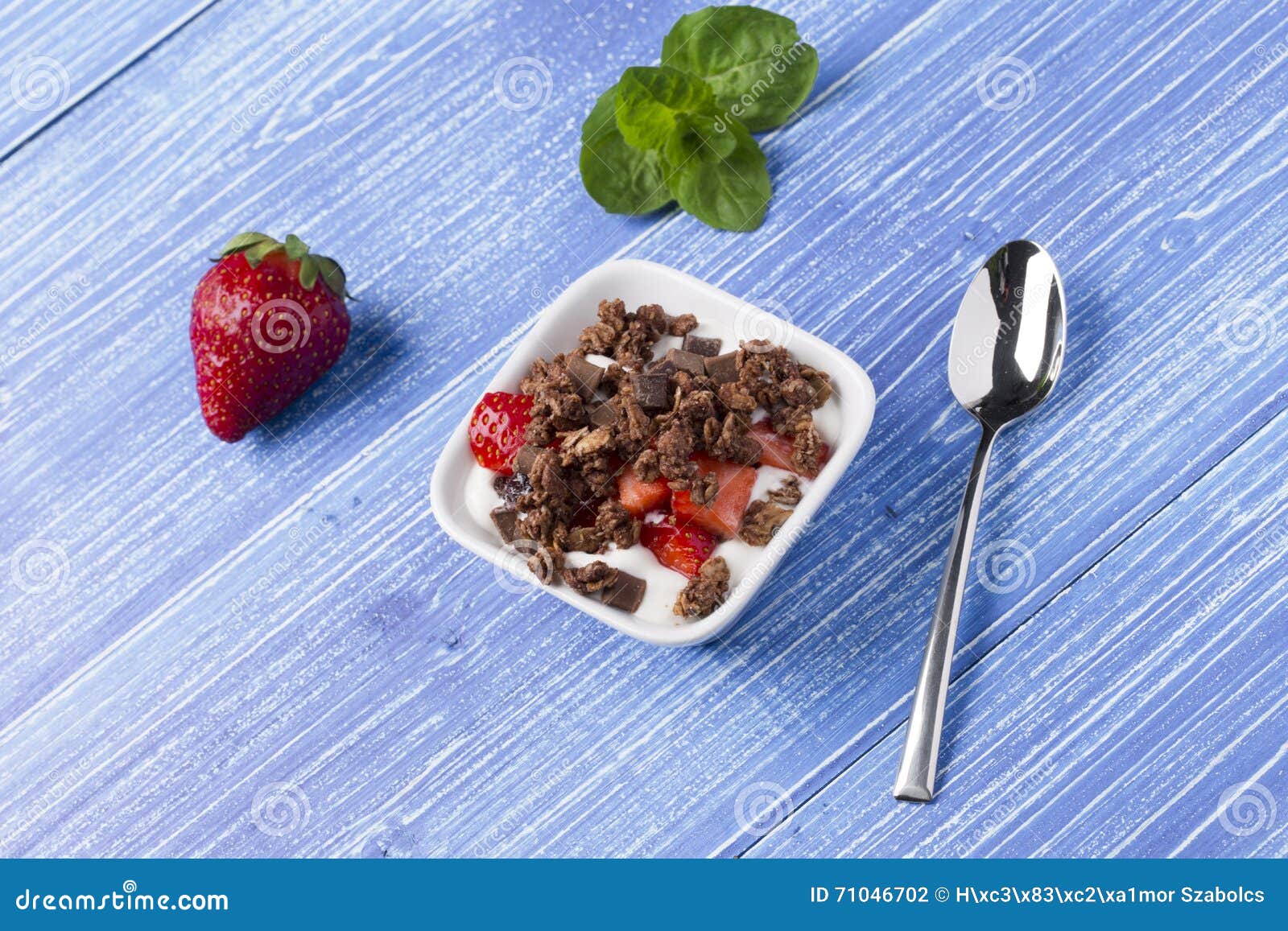 Strawberry Muesli on Blue Wooden Background Stock Photo - Image of ...