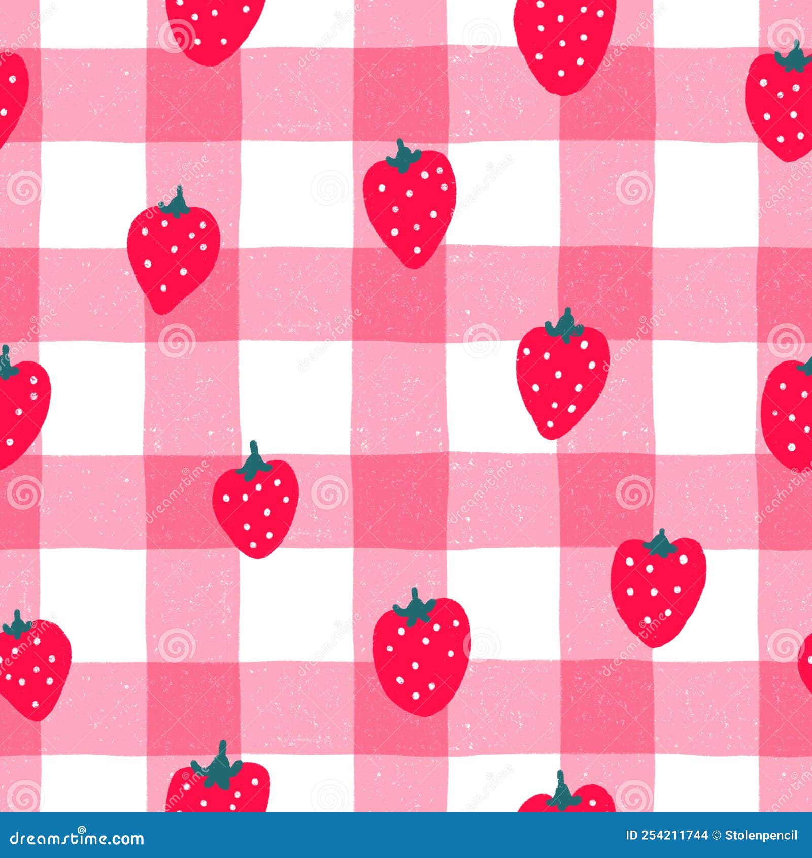 Strawberry on Pink Gingham Checked Background, Pattern Illustration ...