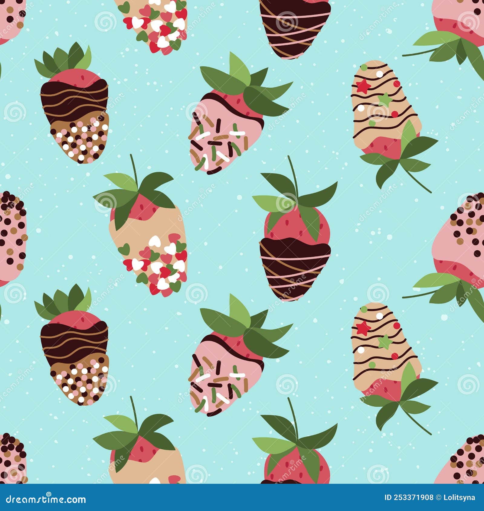 Strawberry in Pink Glaze, Sprinkle on Blue Background. Seamless Repeat Pattern. Vector, Flat ...