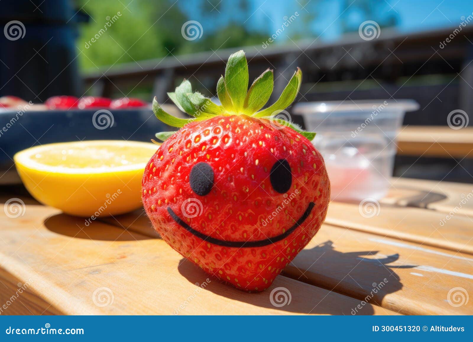 A Strawberry with Seeds Creating a Smiley Face, on a Sunny Picnic Table ...