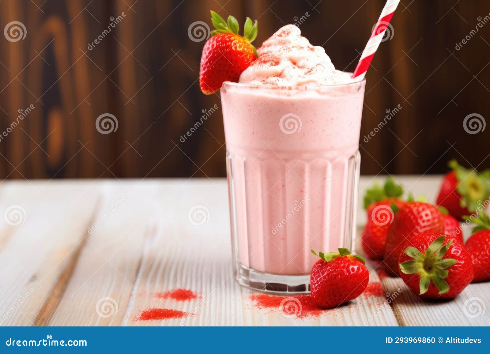 A Strawberry Shake with a Striped Paper Straw Stock Photo - Image of ...