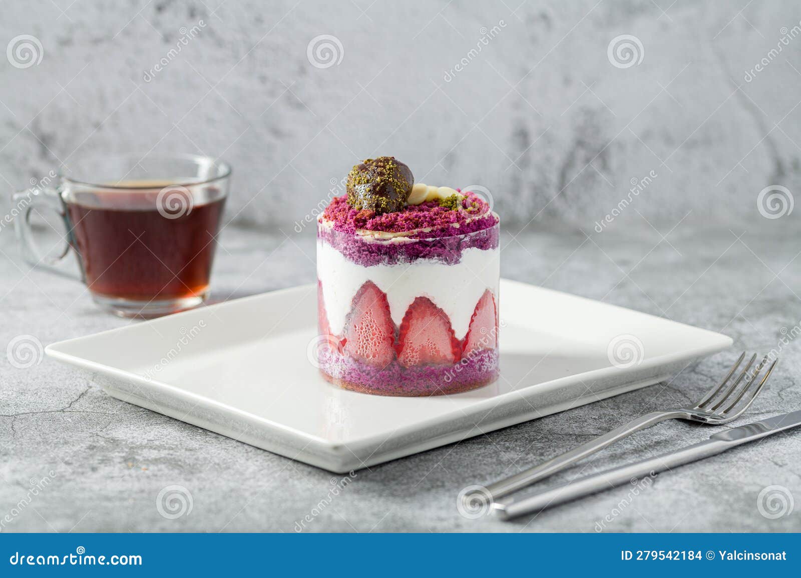 Strawberry Shortcake with Tea on a White Porcelain Plate Stock Photo ...