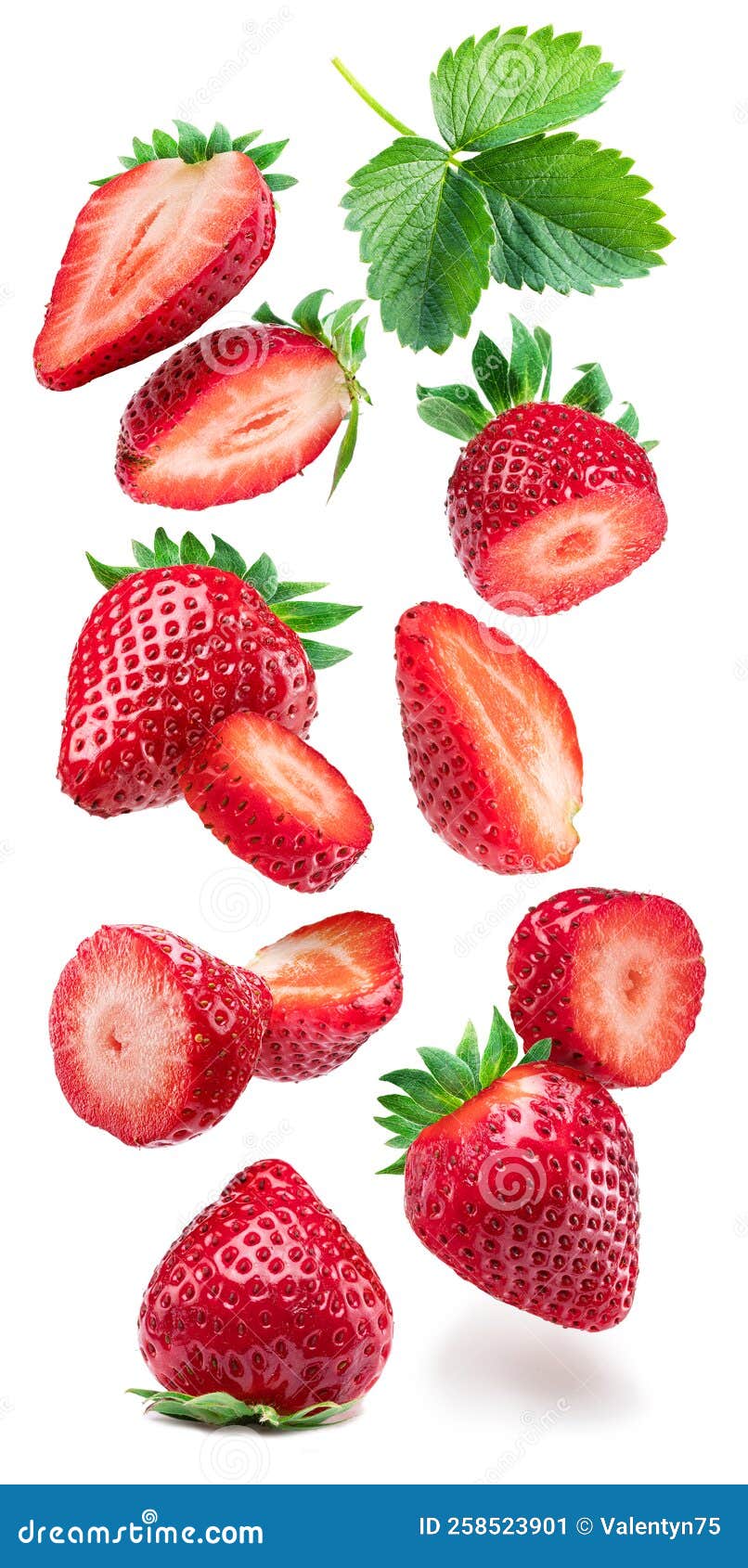 Strawberry and Strawberry Slices Flying in the Air Slices on White ...