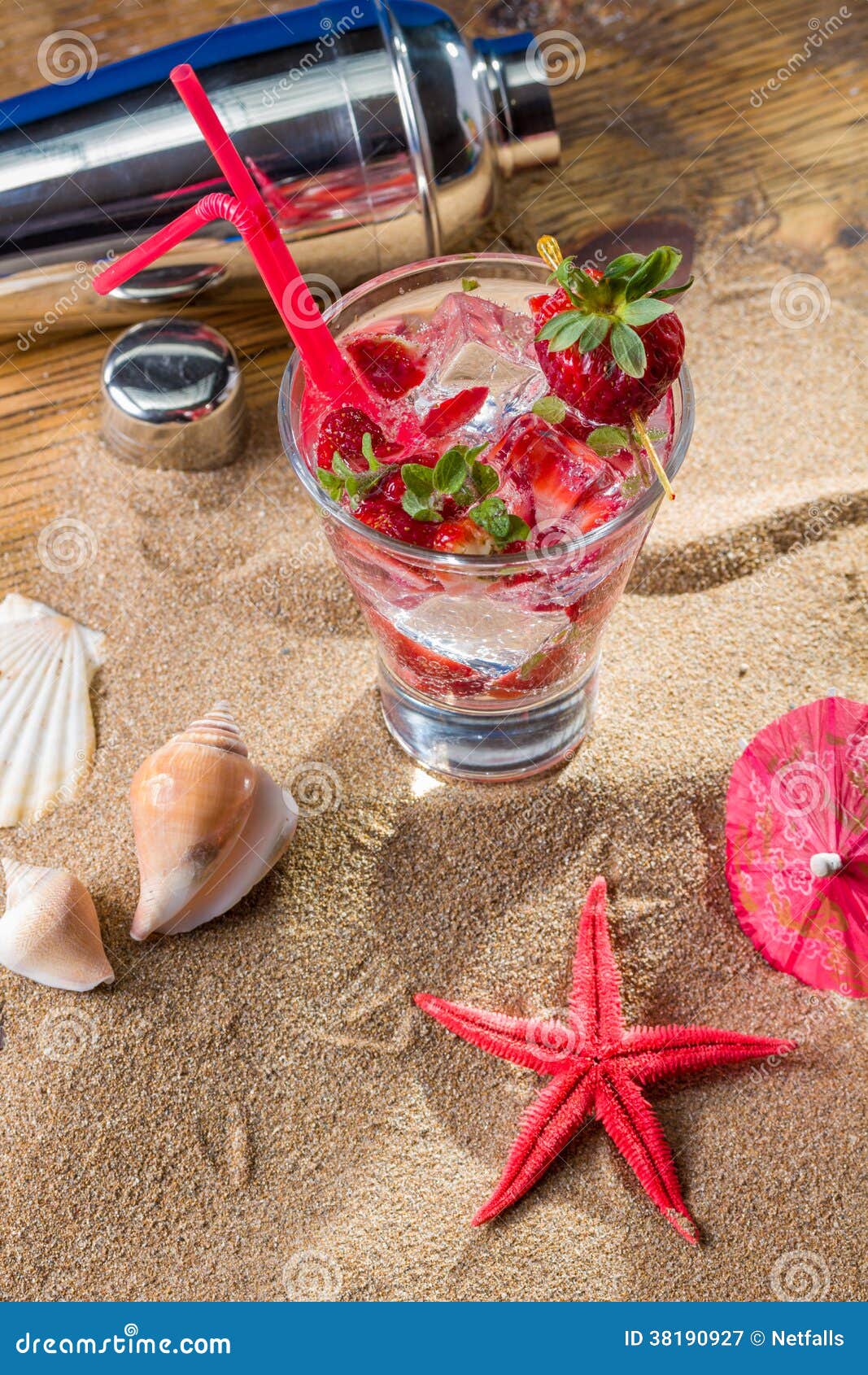 Strawberry Tropical Cocktail with Shaker and Starfish Stock Image ...