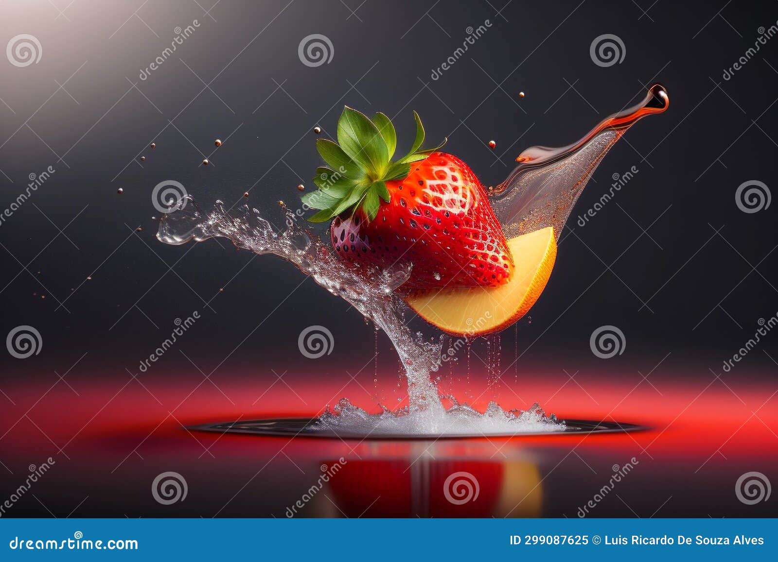 Strawberry with Water Splash on a Dark and Reflective Backdrop ...