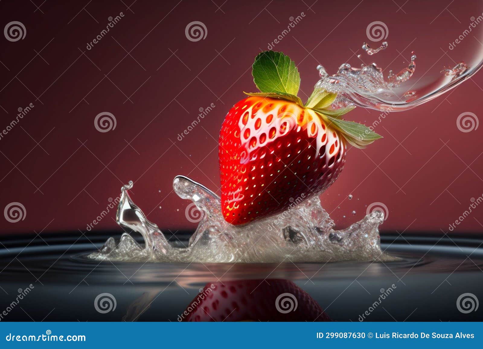 Strawberry with Water Splash on a Dark and Reflective Backdrop ...
