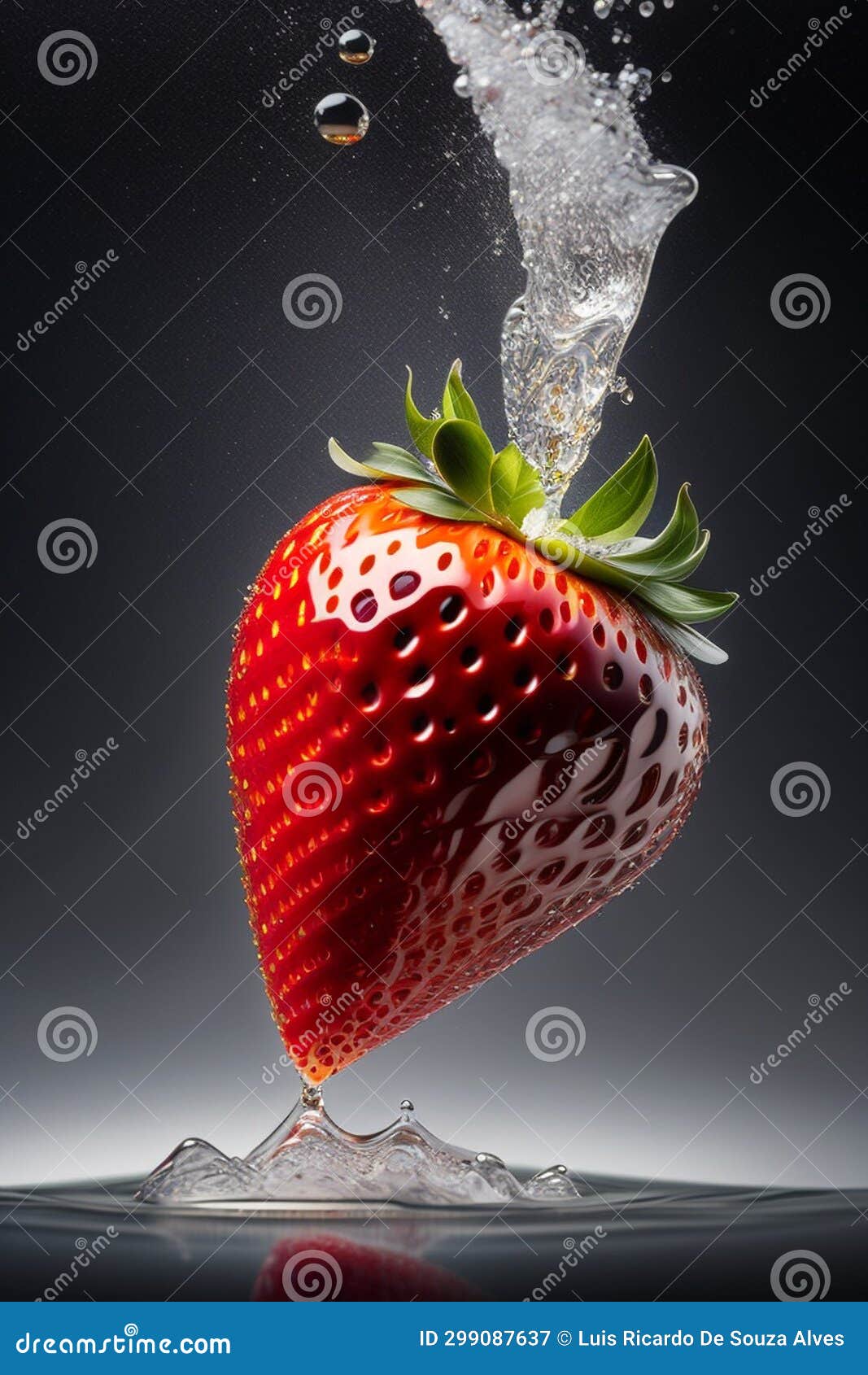 Strawberry with Water Splash on a Dark and Reflective Backdrop ...