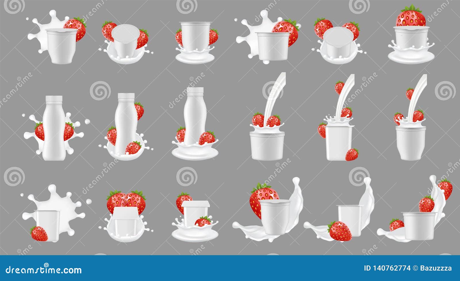 Strawberry Yogurt Package with Splash Vector Realistic Mockup Set Stock ...