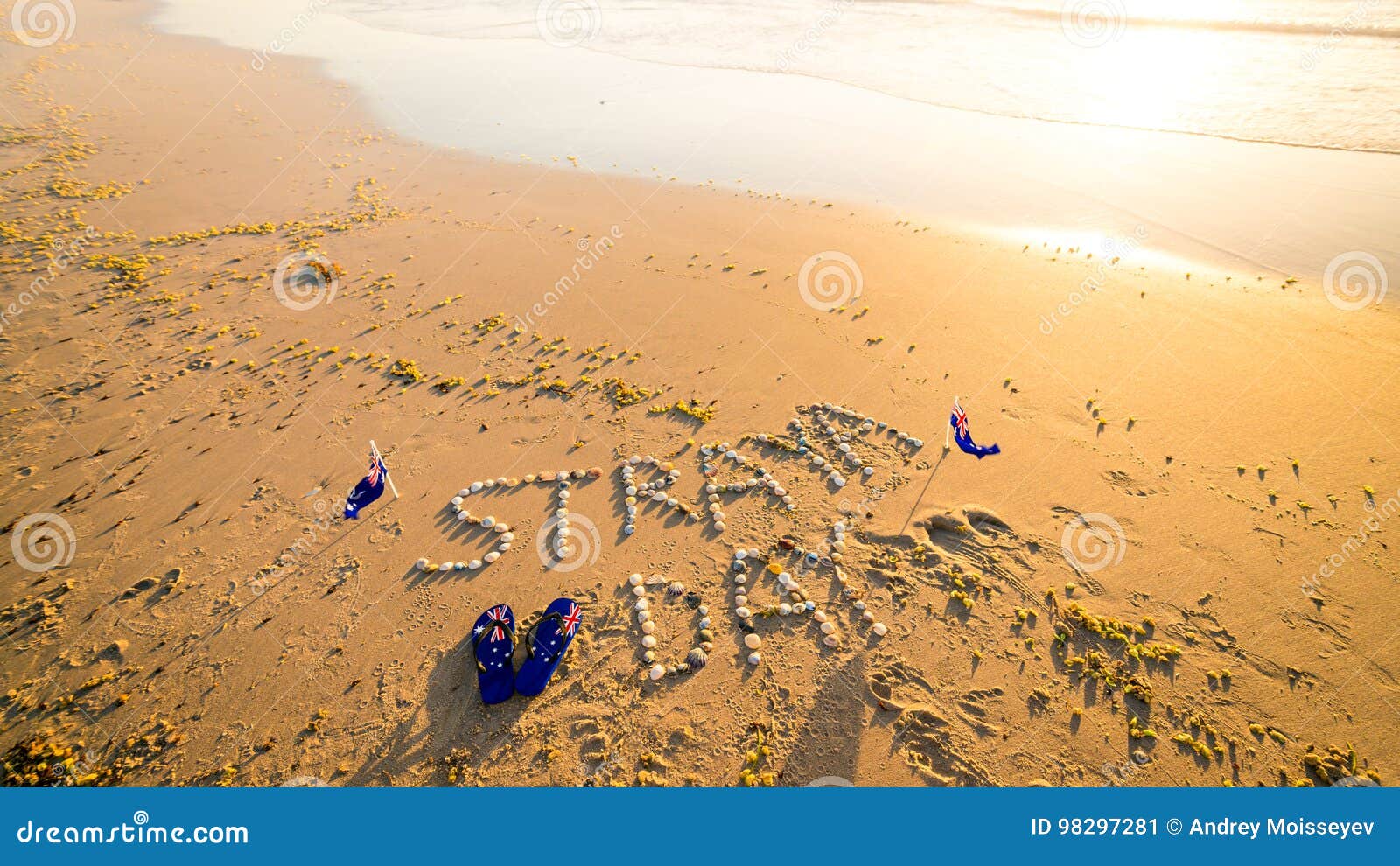 Straya Text, Flag and Thongs on Beach Stock Image - Image of copy ...