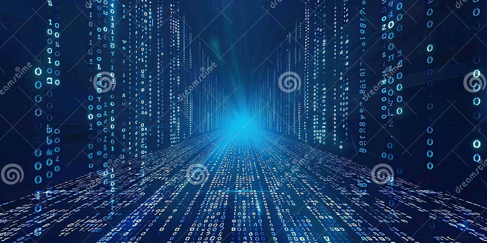 Stream Of Binary Code On Screen Abstract Blue Background Data And