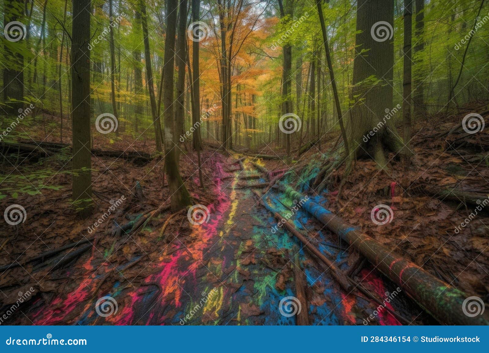 Stream of Colorful Markers Leading the Way through Dense Forest Stock ...