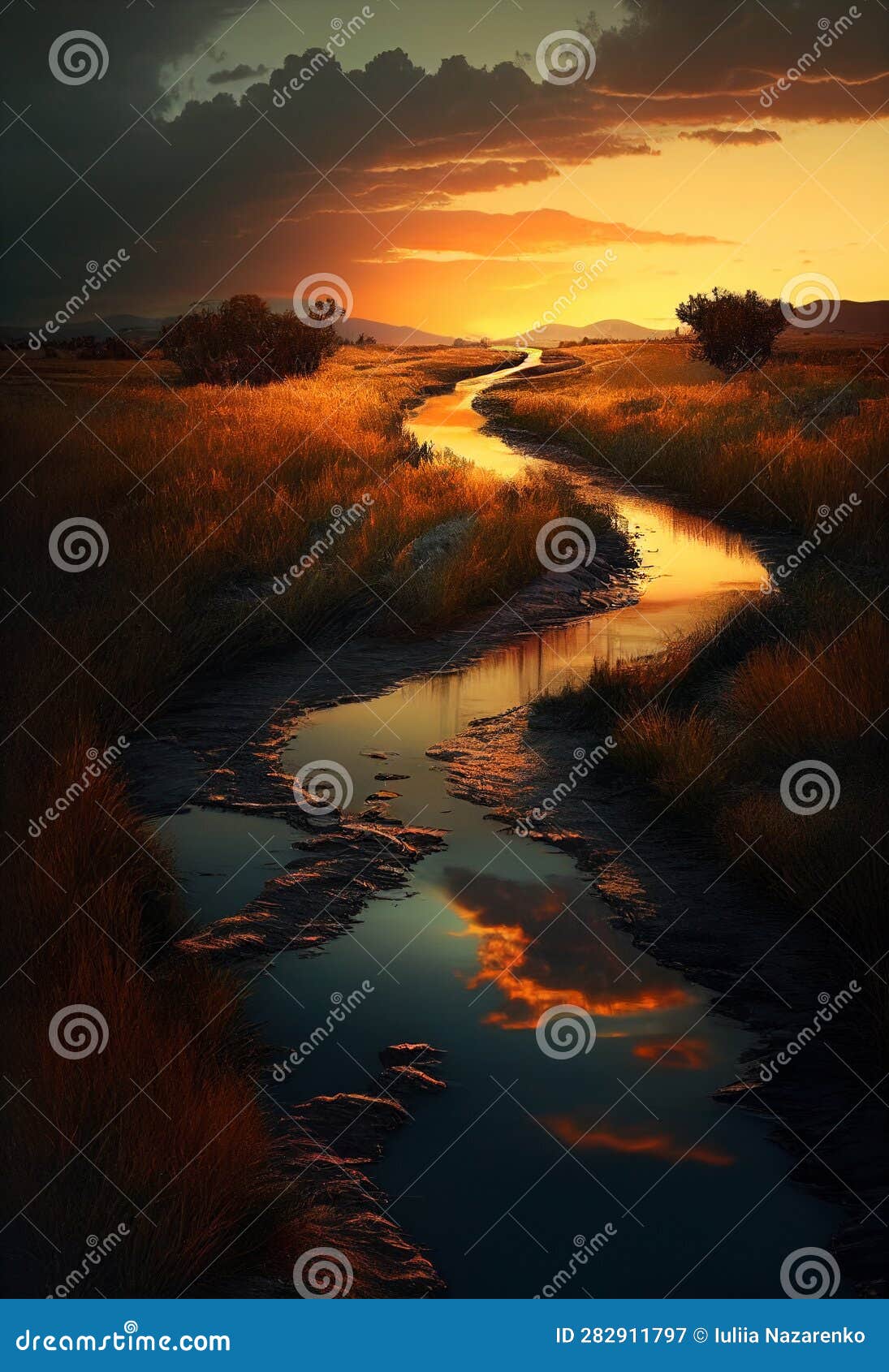 Stream in a Field at Sunset. AI Generated Stock Illustration ...