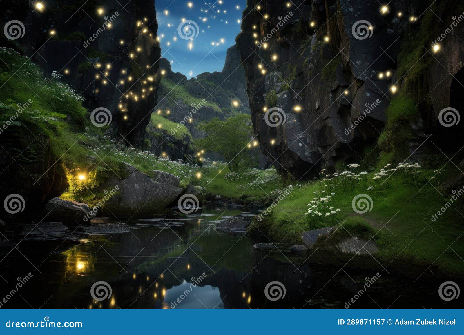A Stream with Fireflies in the Sky Stock Illustration - Illustration of ...
